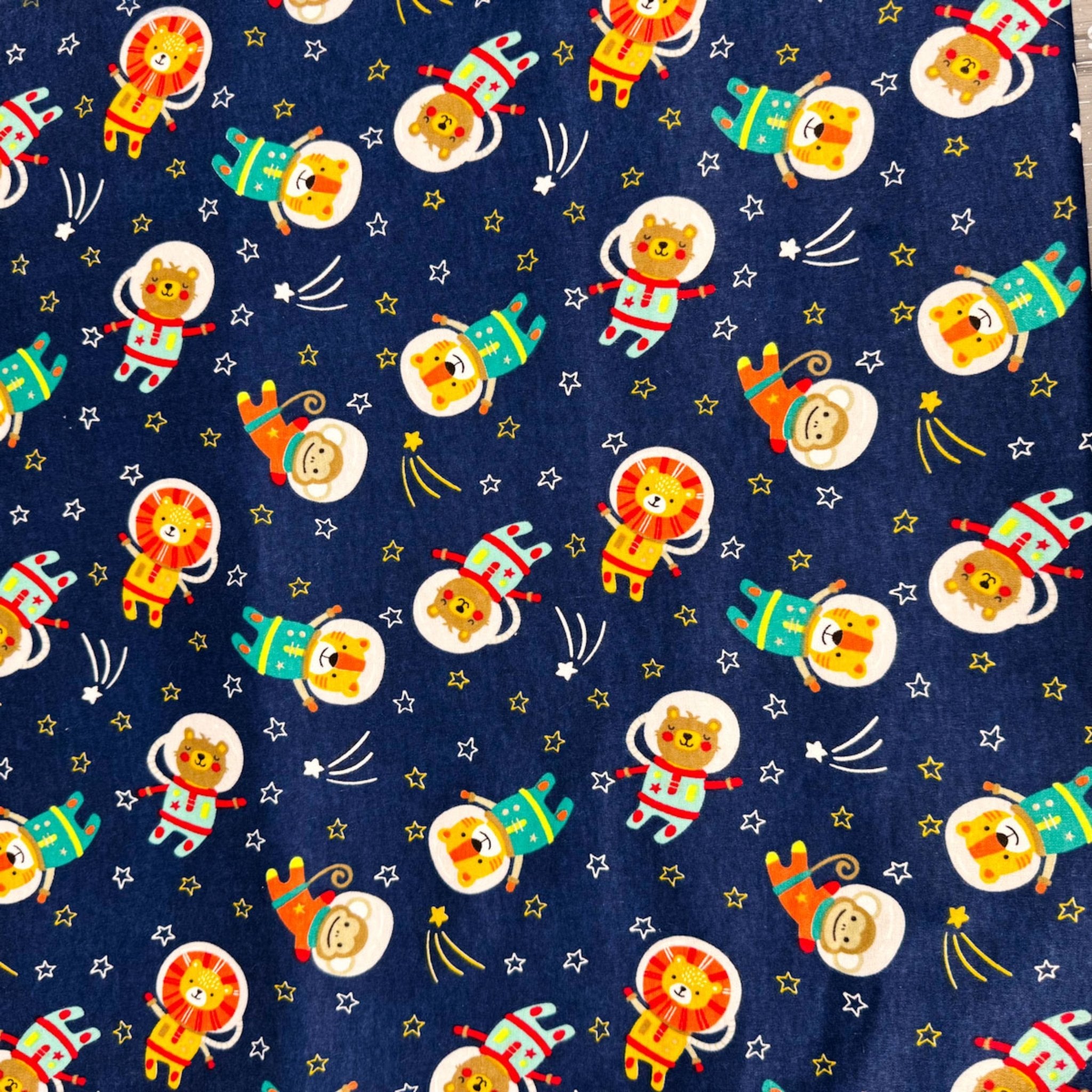 Space Kids Toss FLANNEL DX2555 Blue lion monkey – Mary Jo Fabrics